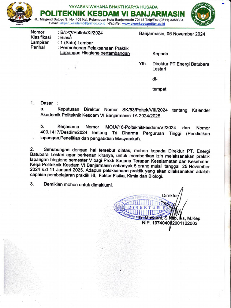 Surat Permohonan Praktik PT EBL | PDF