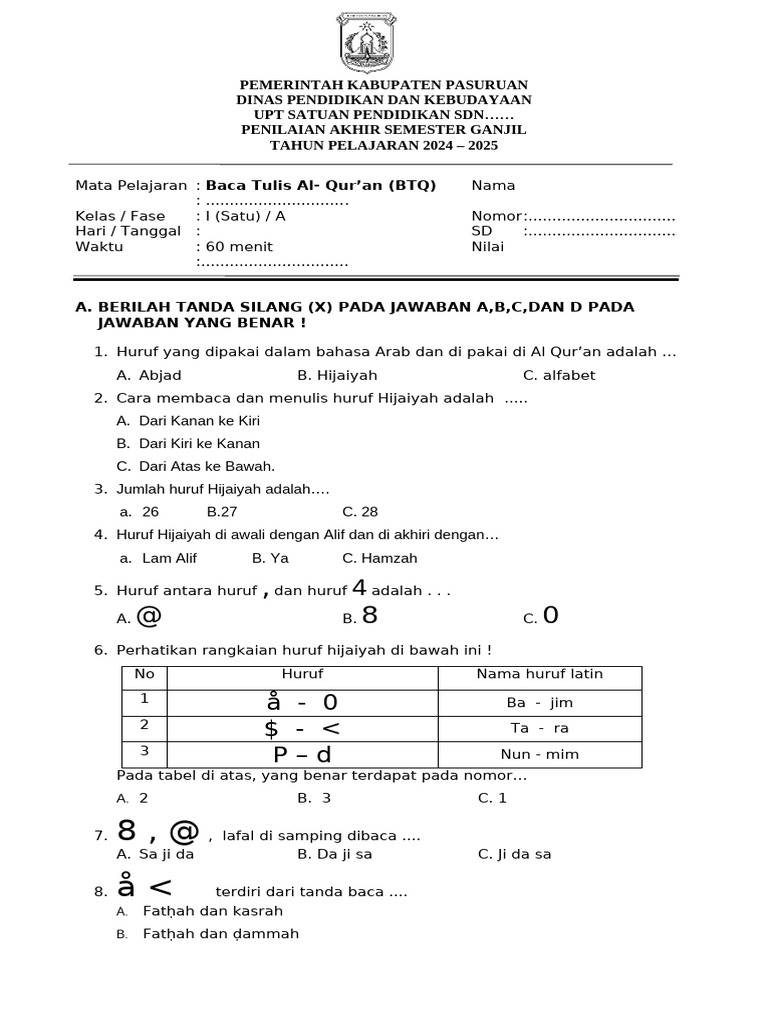 1.SOAL PAS BTQ Kelas 1 Sem 1 Kunmer 2024 (Repaired) | PDF