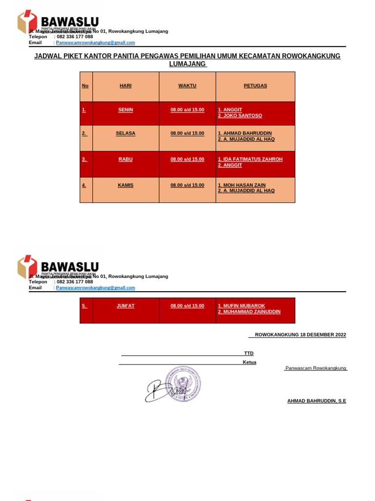 Daftar Hadir Piket Kantor | PDF