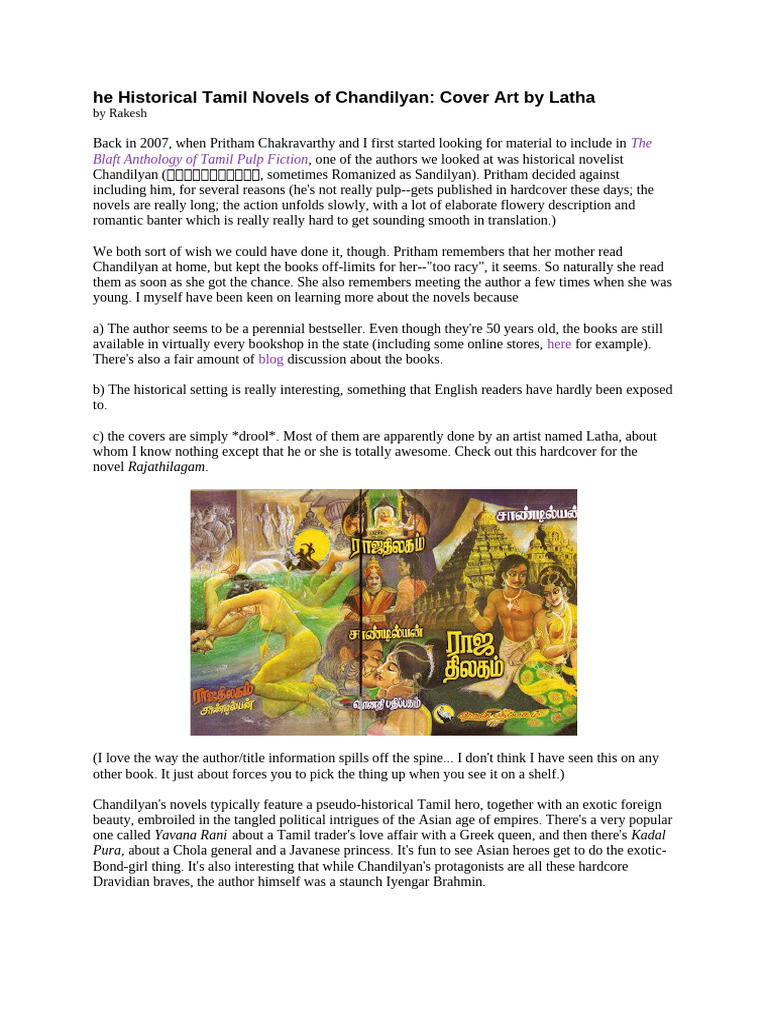 He Historical Tamil Novels of Chandilyan | PDF