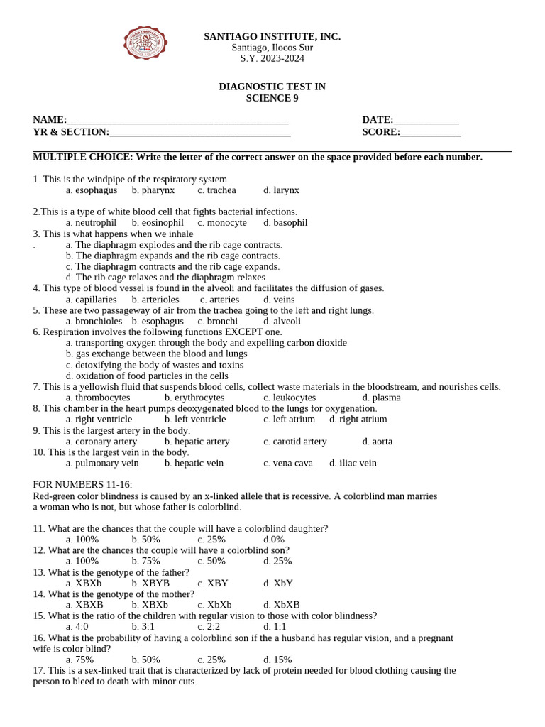 SCIENCE 9 DIAGNOSTIC | PDF | Cellular Respiration | Photosynthesis