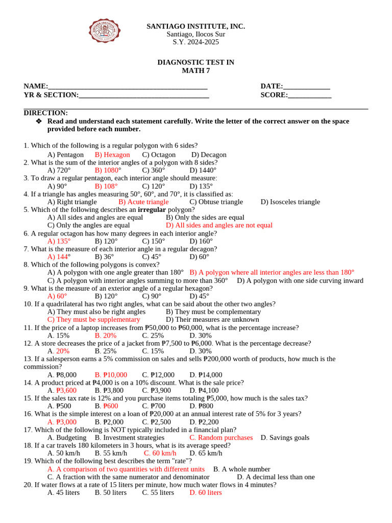 MATH 7 DIAGNOSTIC TEST | PDF | Triangle | Volume