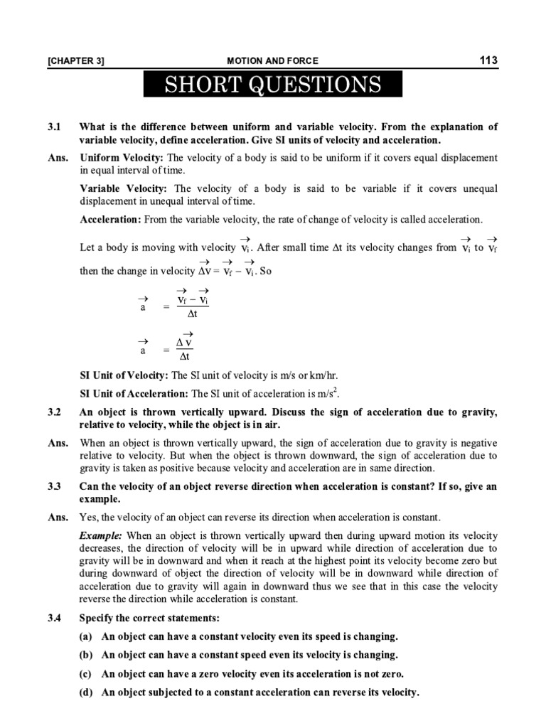 11th Physics SQs Numerical Chapter 3 | PDF