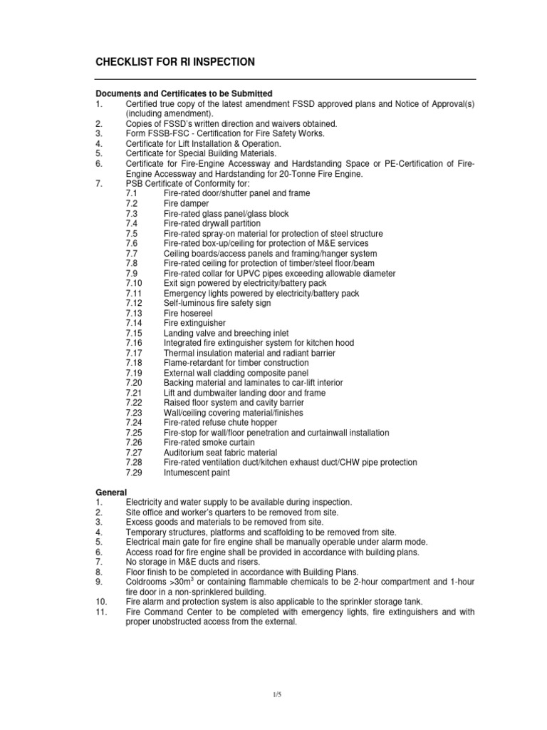 Ri Inspection Checklist Summary | PDF | Elevator | Wall