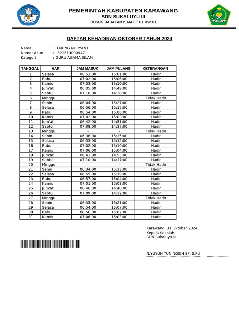 Kehadiran Guru Enung Oktober 2024 | PDF