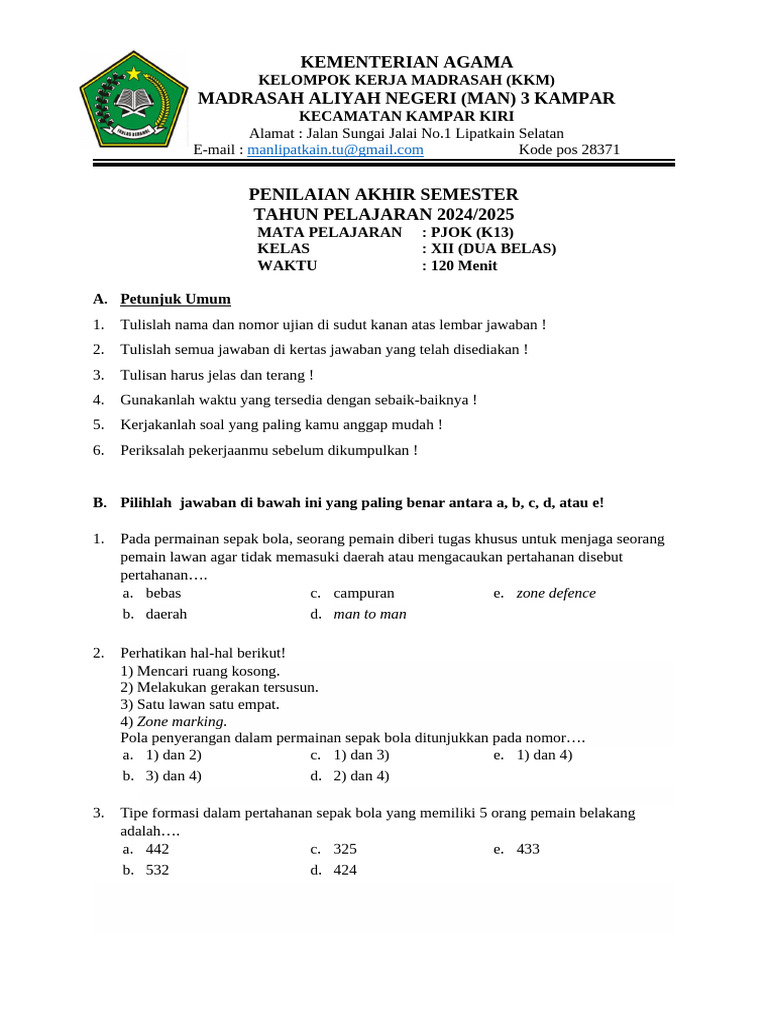 Soal PAS PJOK Kelas XII MAN 3 Kampar | PDF