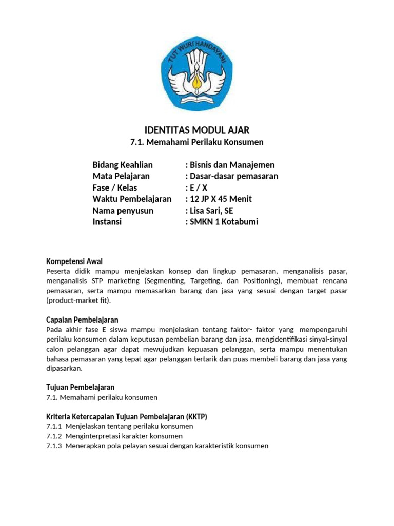 Modul Ajar DPKP Kls X - Memahami Perilaku Konsumen - Fase E | PDF