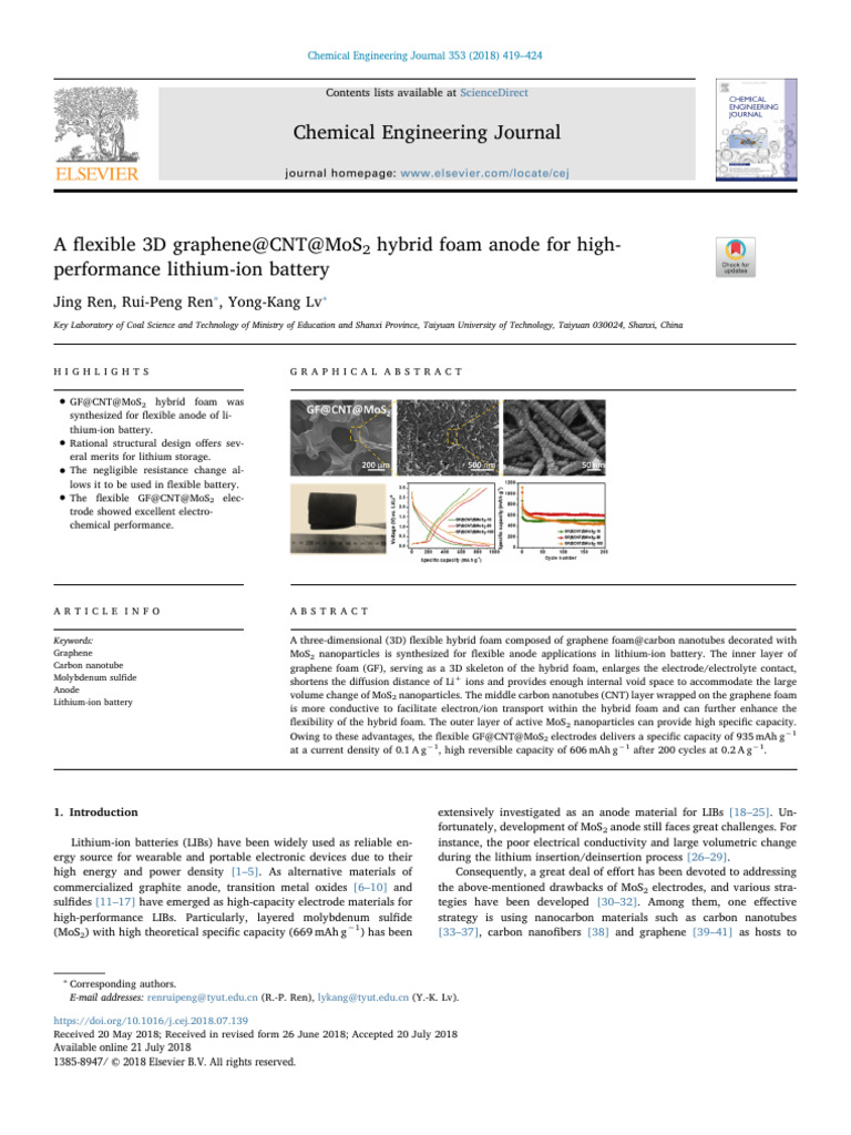 Flexible 3D Graphene@CNT@MoS2 Anode | PDF | Lithium Ion Battery | Graphene
