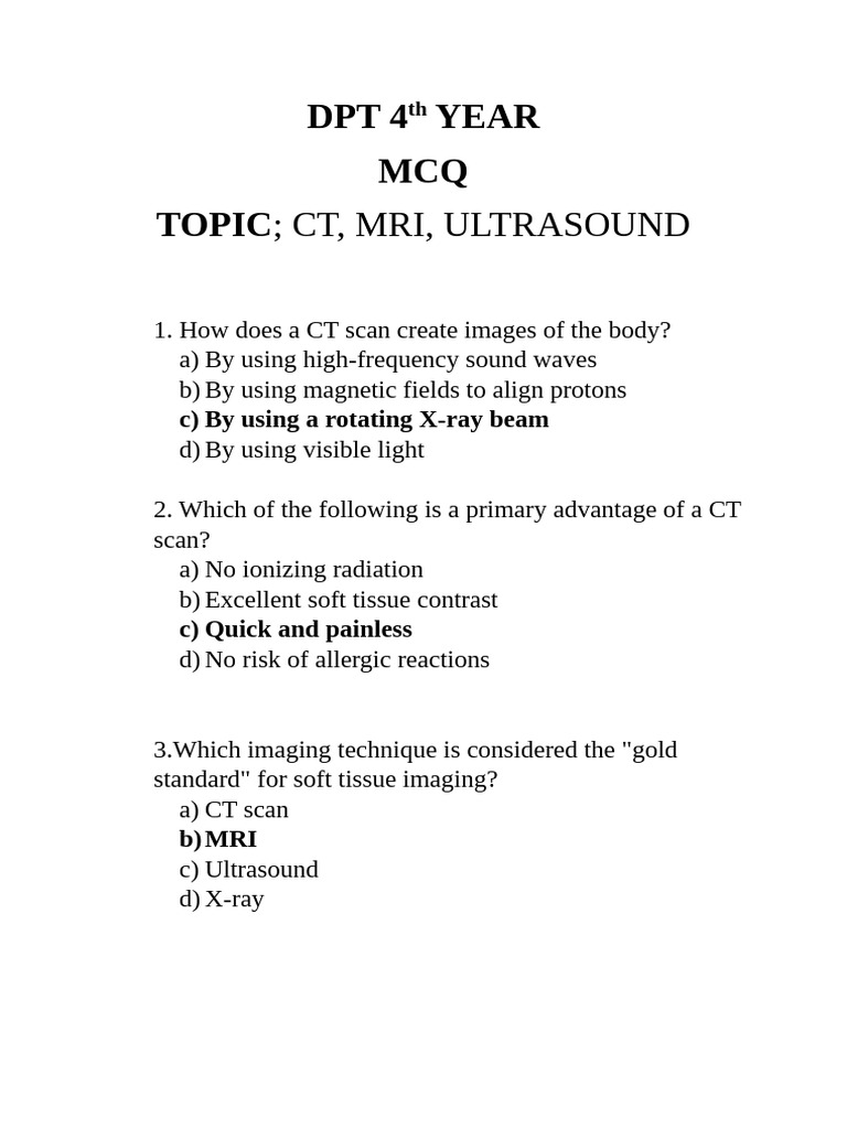 MCQ DPT 4th Year (CT, Mri, Us) | PDF