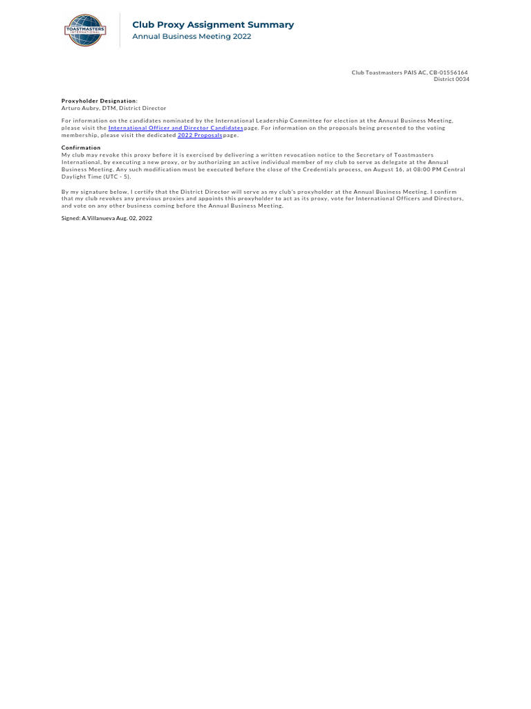 Proxy Assignment Summary | PDF | Business | Technology & Engineering