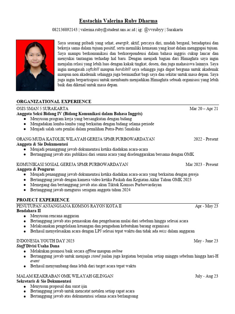 CV - Eustachia Valerina Ruby Dharma | PDF