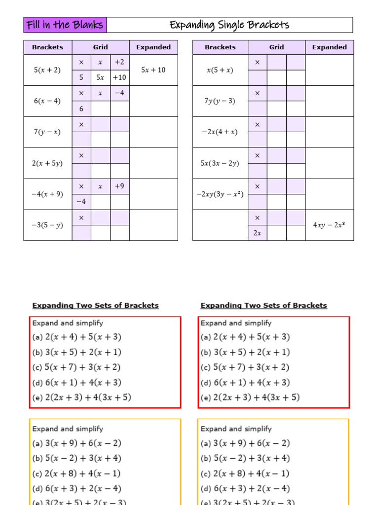Expanding Bracket Extra Worksheet | PDF
