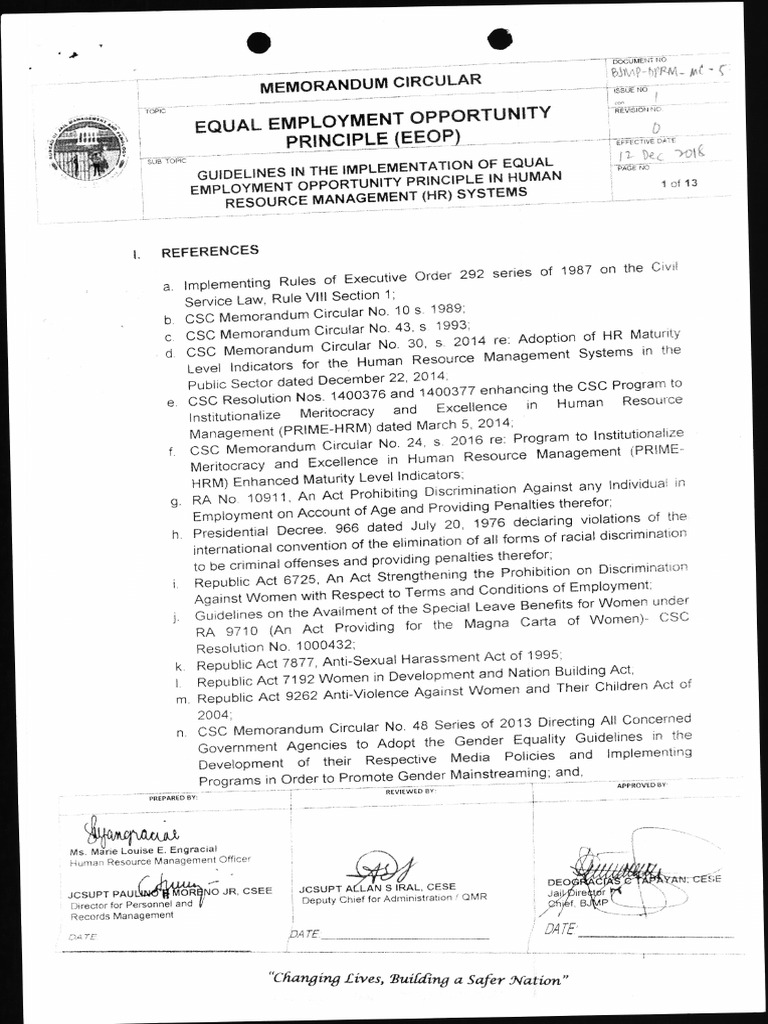 BJMP NHQ MC On Equal Employment Opportunity Principle EEOP | PDF