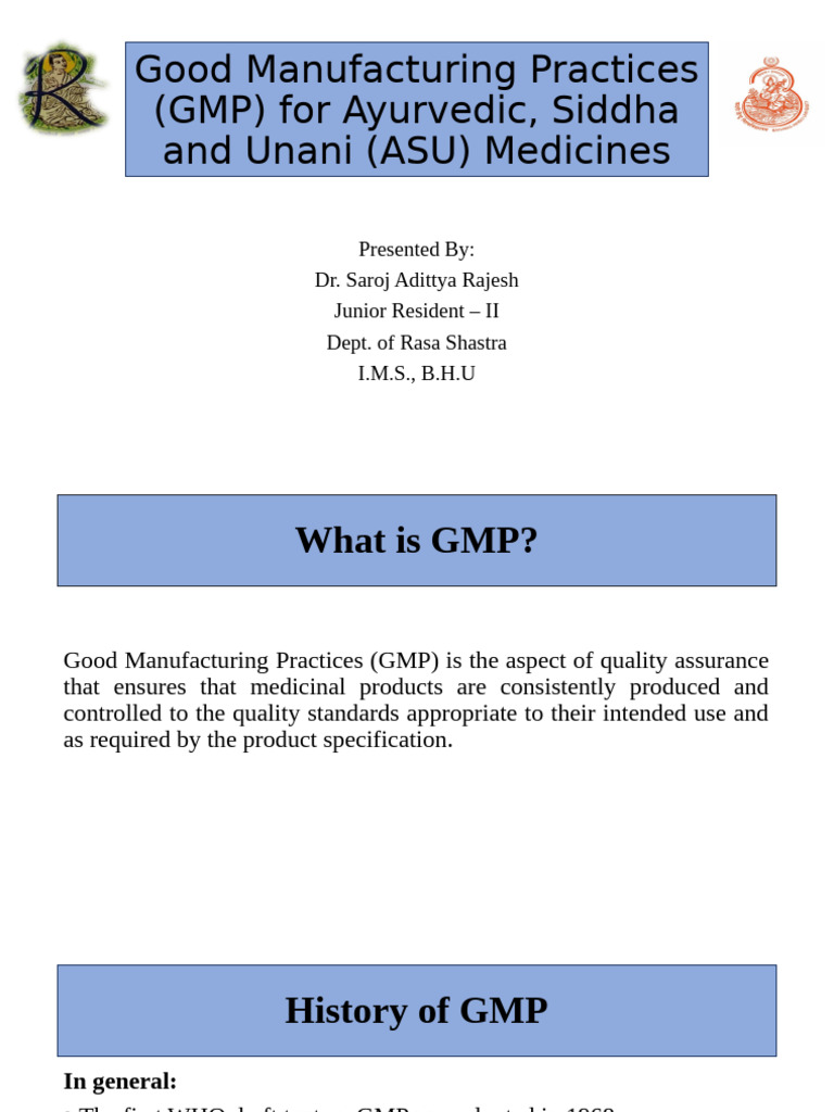 Good Manufacturing Practices (GMP) For Ayurvedic, Siddha and Unani (ASU ...