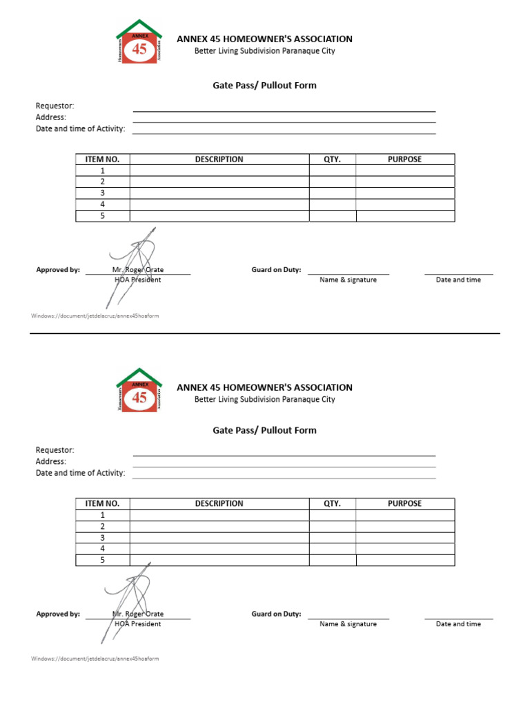 Gate Pass Form for HOA Residents | PDF