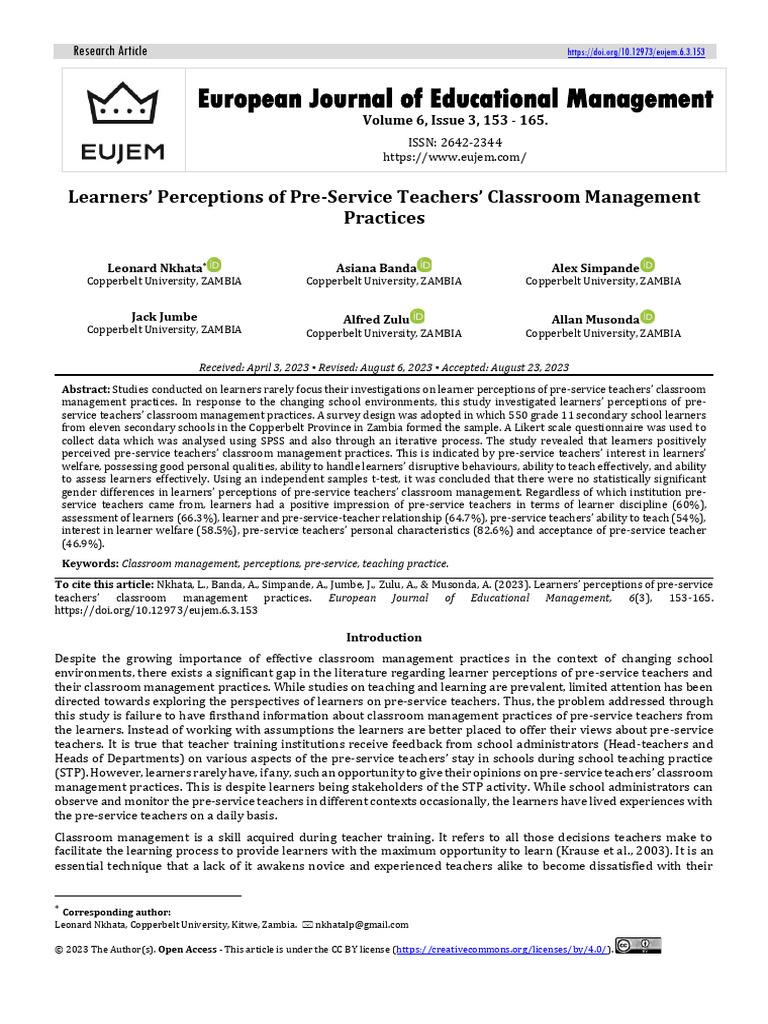 Learners' Perceptions of Pre-Service Teachers' Classroom Management | PDF | Logistic Regression ...