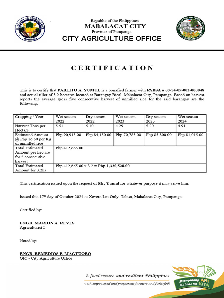 Farmer Certification for Pablito Yumul | PDF | Technology & Engineering