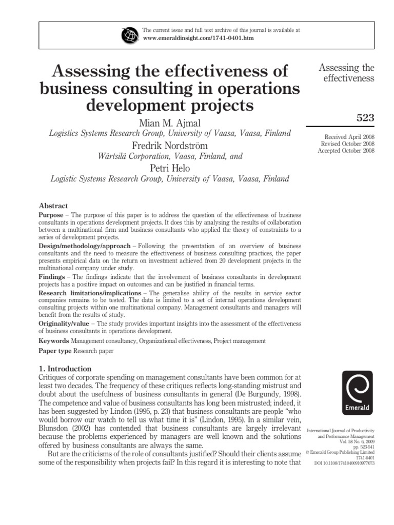 Assessing The Effectiveness of Business Consulting in Operations Development Projects | PDF ...