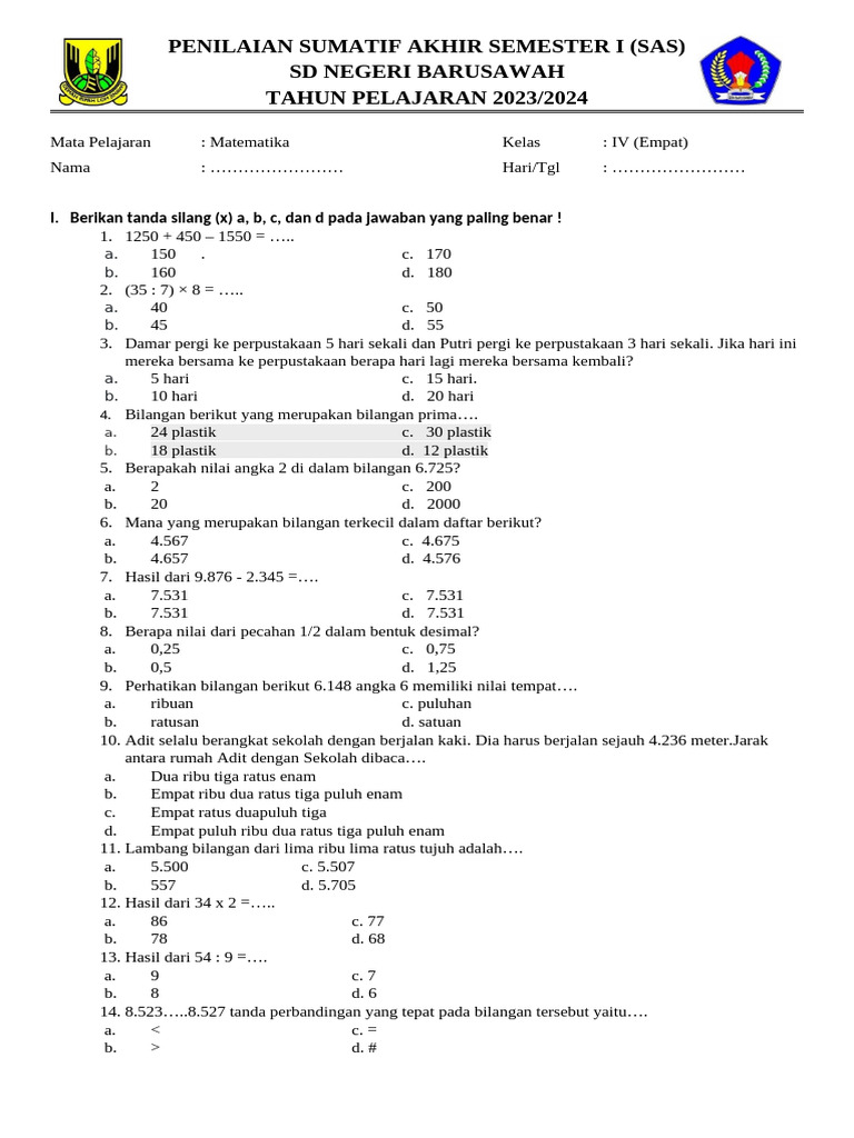 Soal Pas Matematika Kelas 4 | PDF