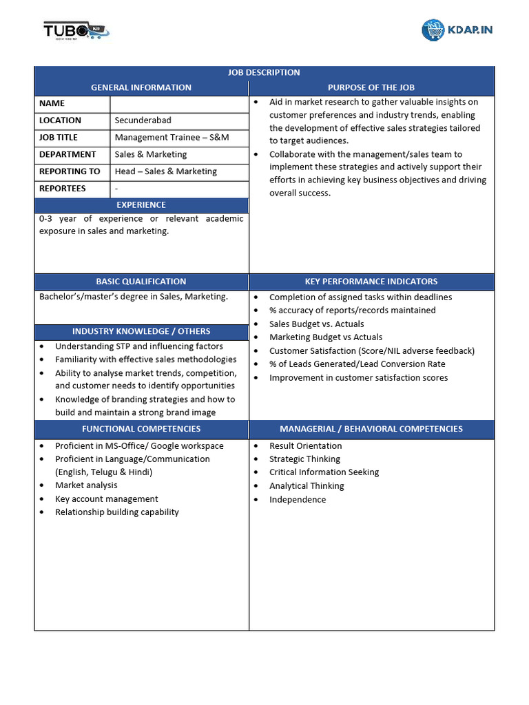 Management Trainee Job Description - Sales & Marketing | PDF ...