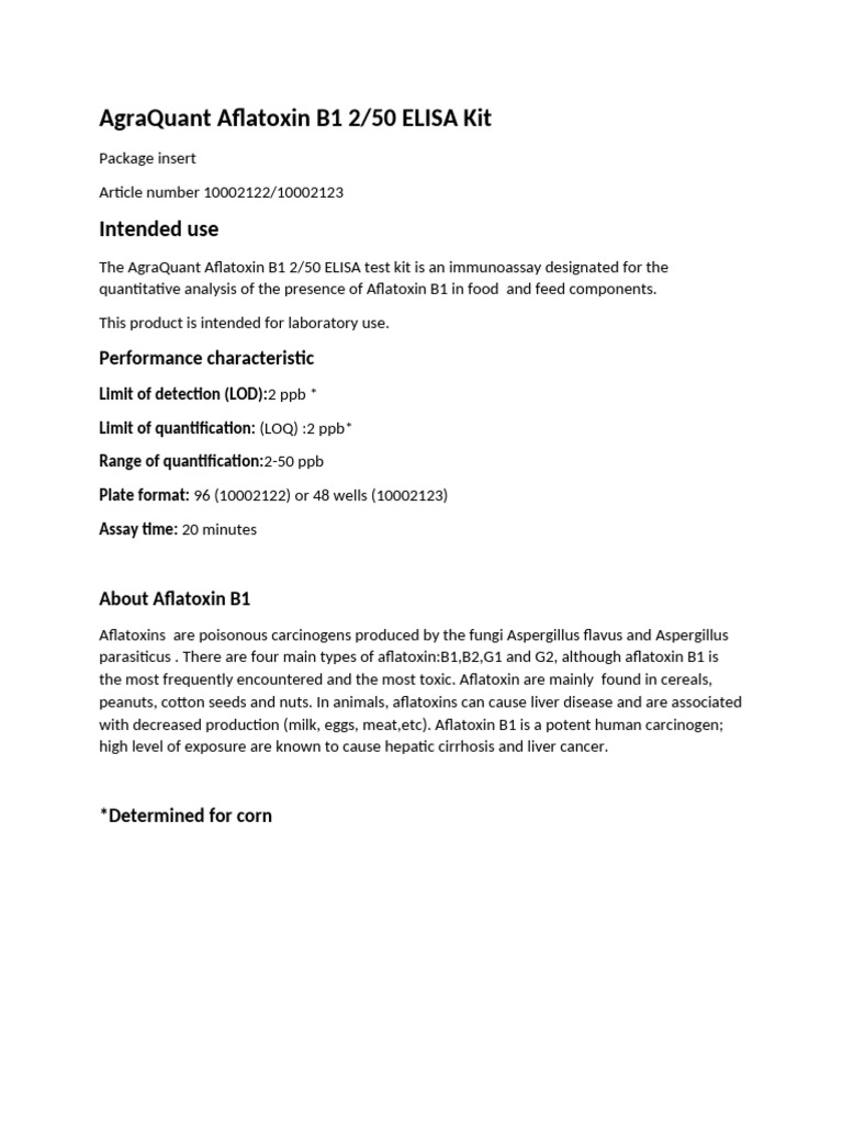 AgraQuant Aflatoxin B1 ELISA Kit Guide | PDF | Elisa