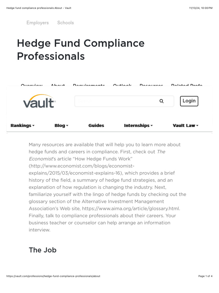 Hedge Fund Compliance Professionals:about - Vault | PDF | Regulatory ...