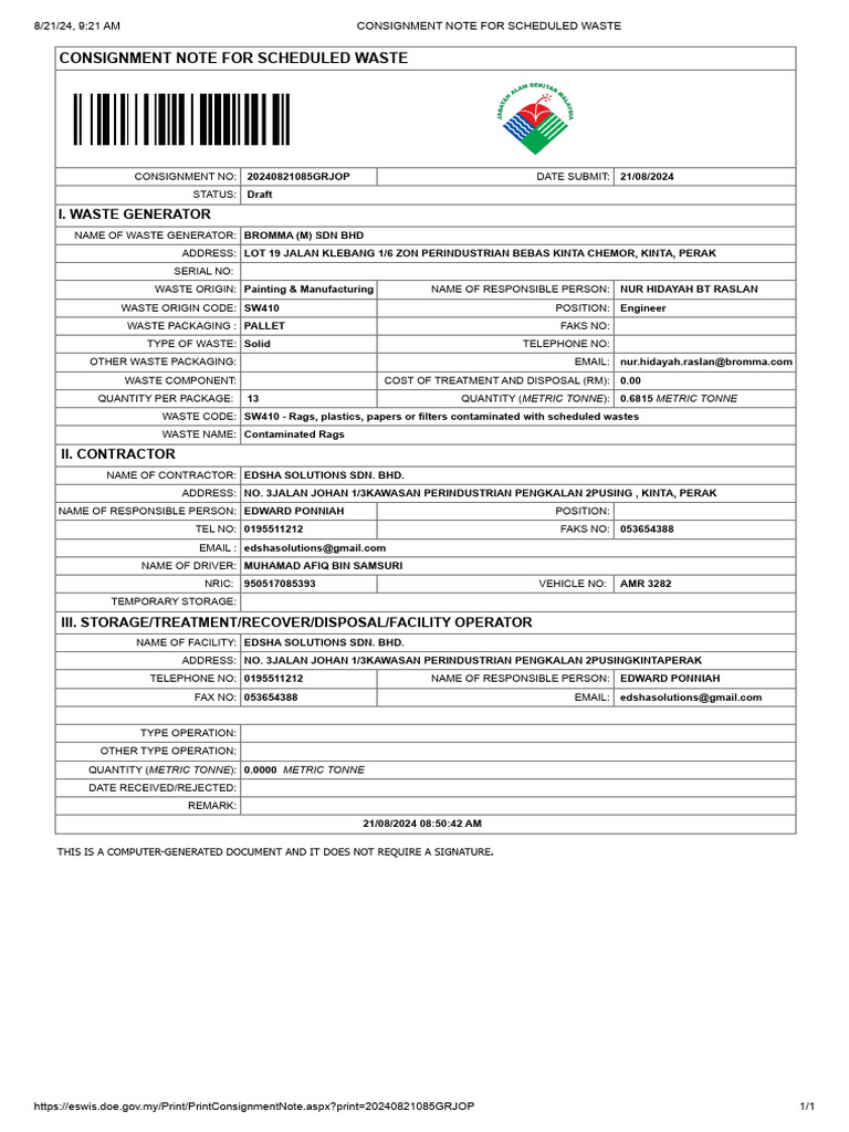 Consignment Note For Scheduled Waste | PDF | Waste | Waste Management