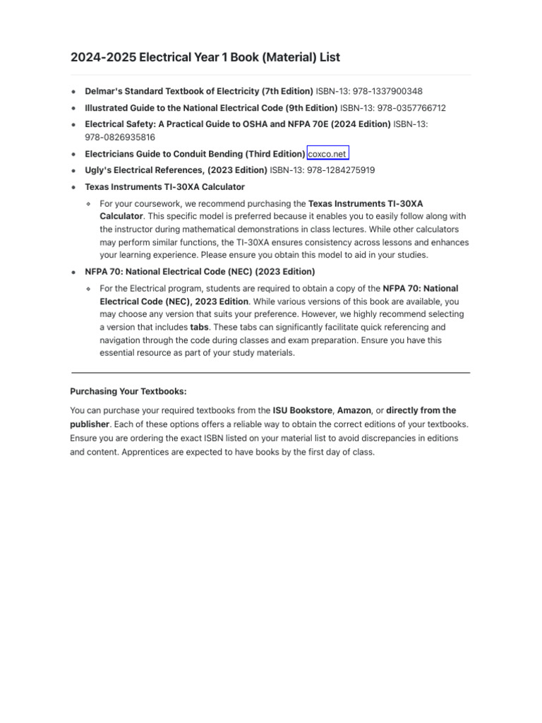 2024-2025 Electrical Textbook List | PDF