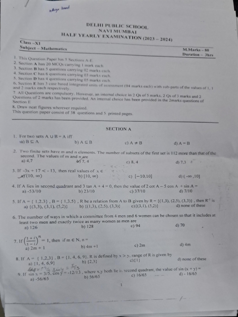 Maths DPS Class 11 | PDF