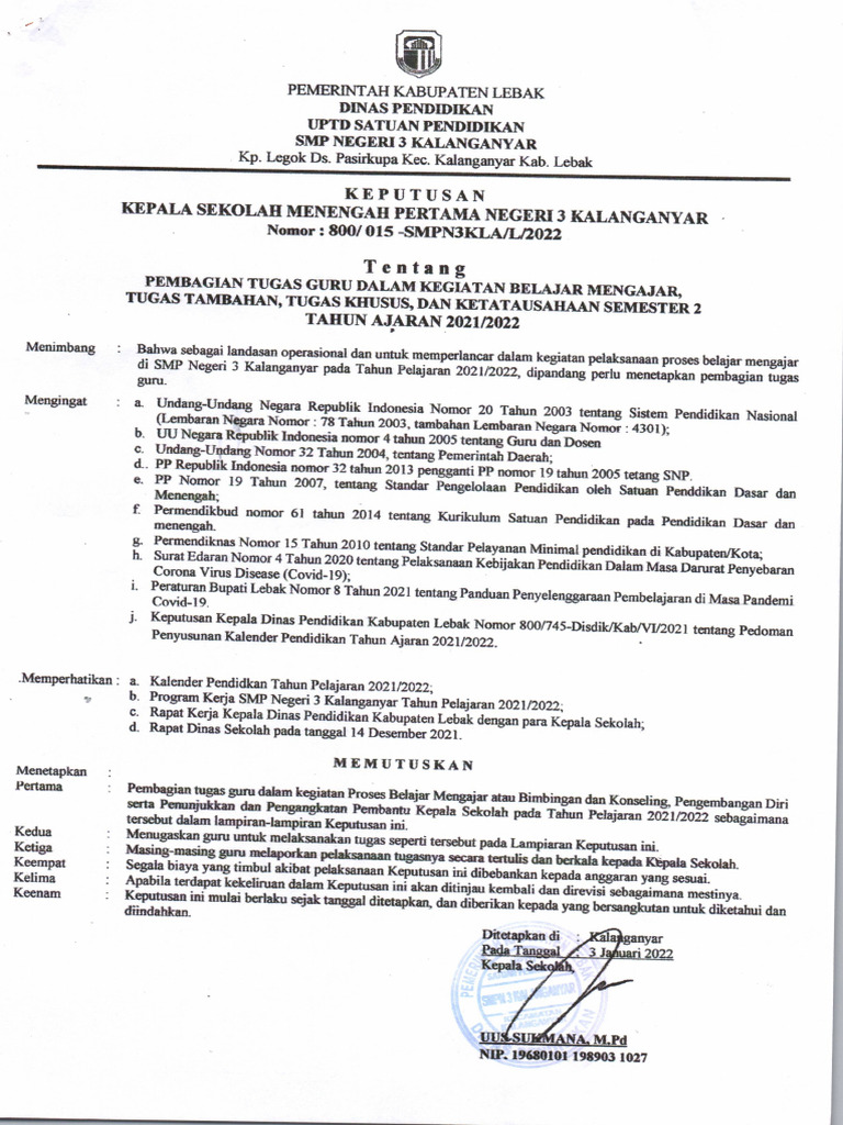 SK Pembagian Tugas Semester 2 | PDF