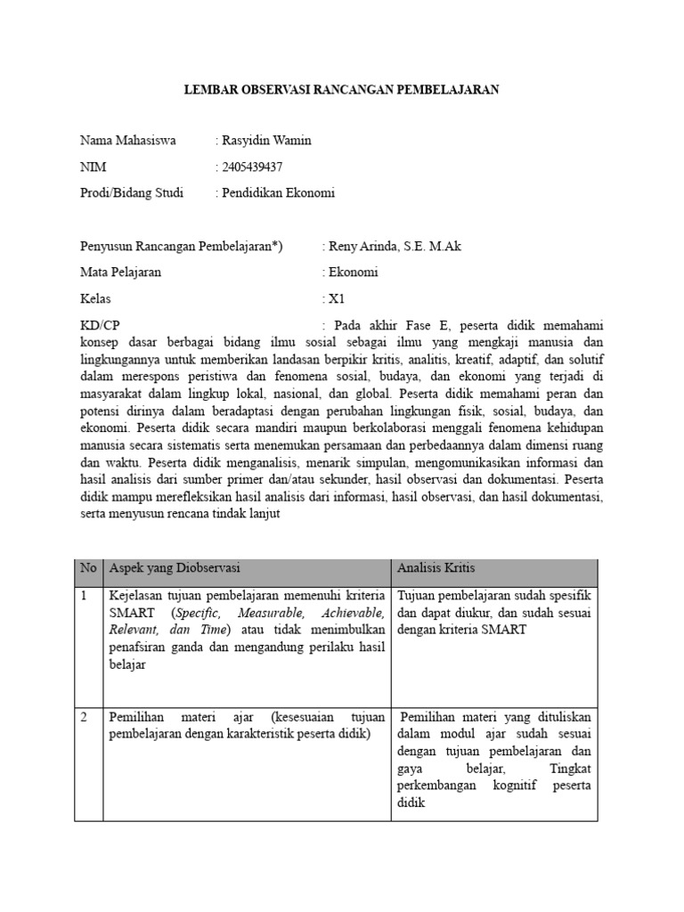 B4-4 Lembar Observasi Rancangan Dan Perangkat Pembelajaran - Siklus 1 | PDF