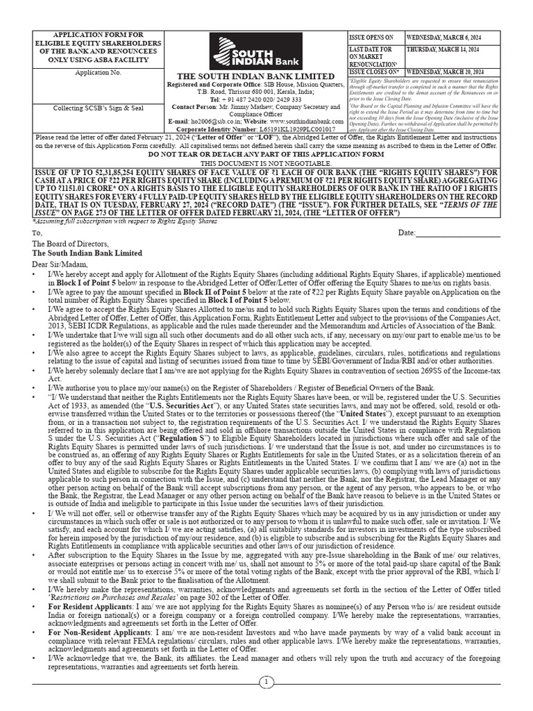 South Indian Bank Rights Issue Application | PDF | Stocks | Securities ...