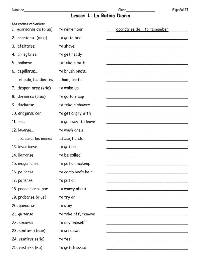 Vocabulario - La Rutina Diaria | PDF