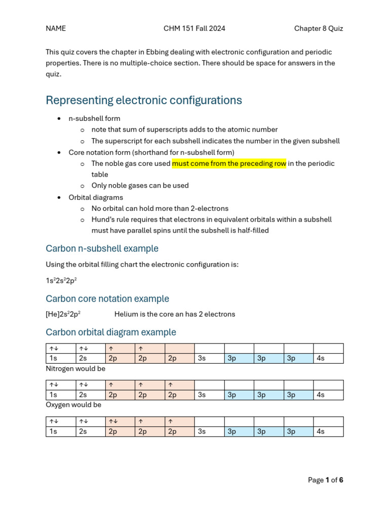 Chapter 8 Quiz Fall 2024 | PDF | Electron Configuration | Ion
