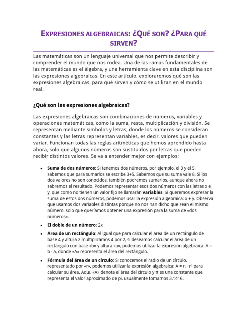Expresiones Algebraicas y su Utilidad | PDF | Fórmula | Multiplicación