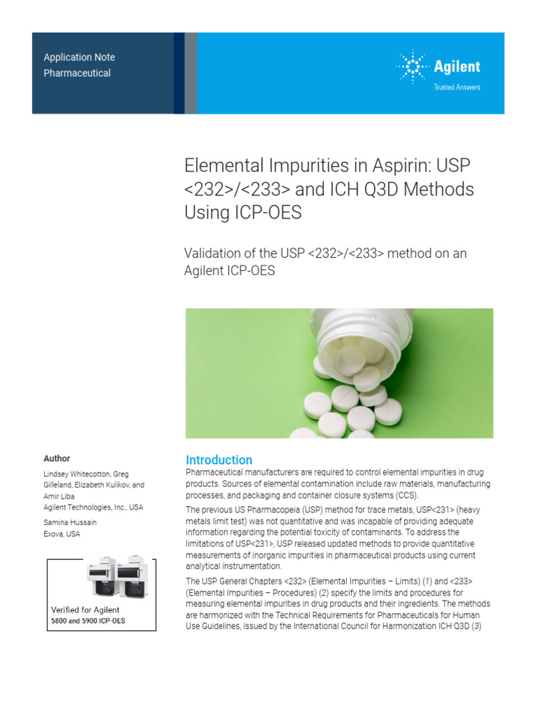 Elemental Impurities in Aspirin USP 232 233 and ICH Q3D Methods Using ICP-OES | PDF | Chemistry ...