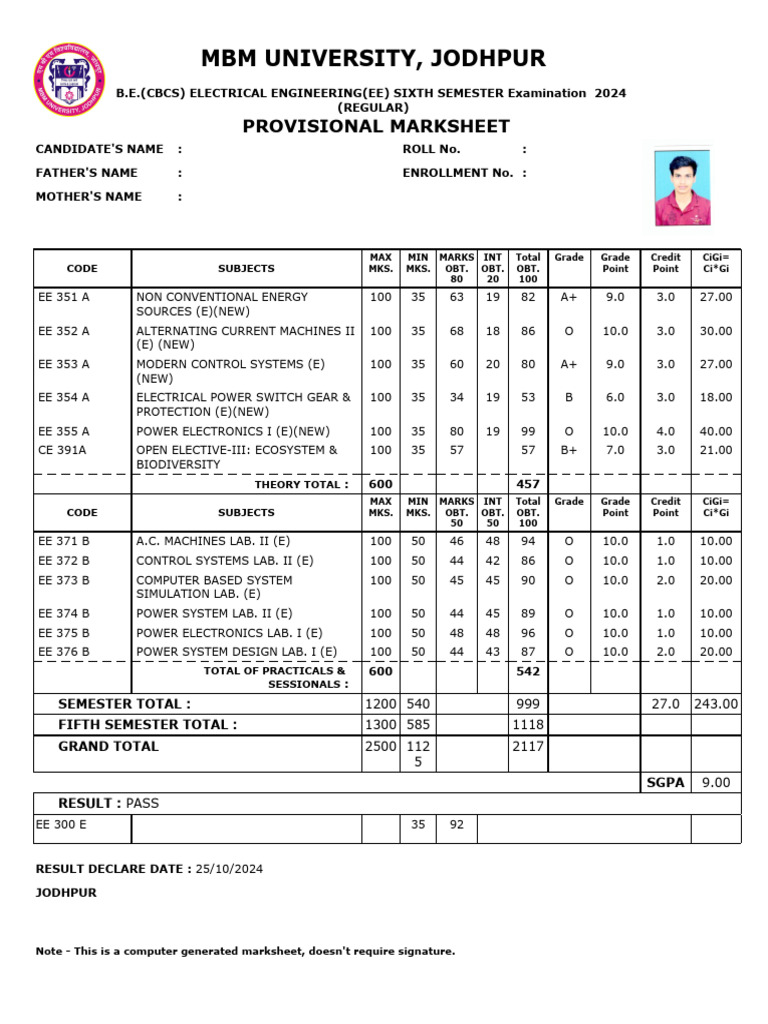 MBM University EE Sixth Semester Marksheet | PDF | Electrical ...