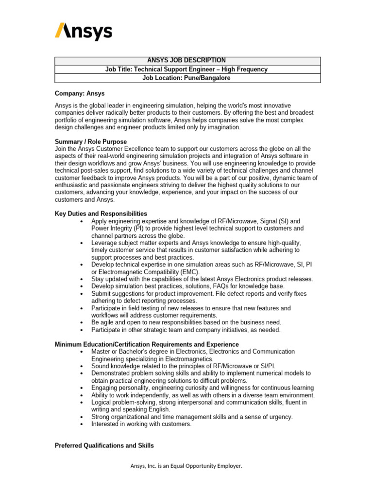 Job Description-Technical Support Engineer - High Frequency | PDF ...