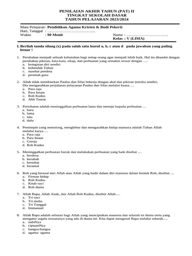 KELAS 5 SOAL PAT AGAMA KRISTEN Smt-Genap 2022 | PDF