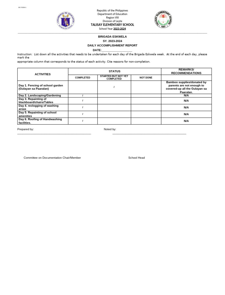 Brigada Eskwela Form 6 Daily Accomplishment Report | PDF