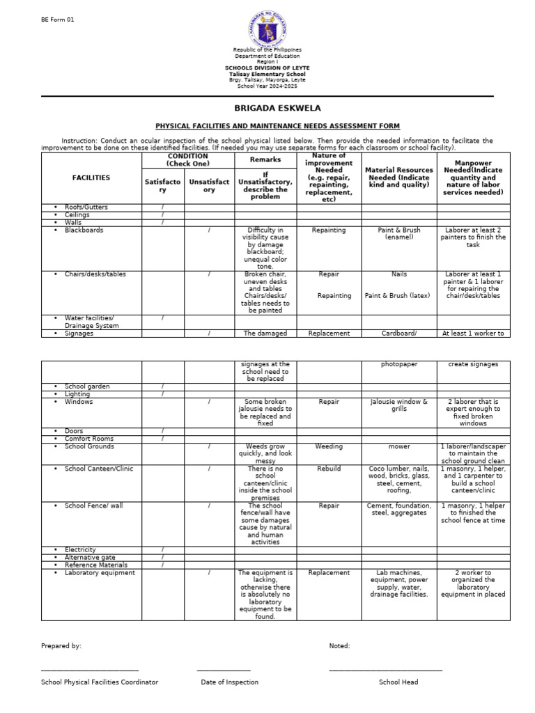 BE Form 1 PHYSICAL FACILITIES AND MAINTENANCE NEEDS ASSESSMENT FORM | PDF | Building Engineering