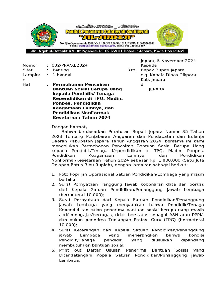 Format Lampiran I - Surat Permohonan Usulan Pencairan | PDF