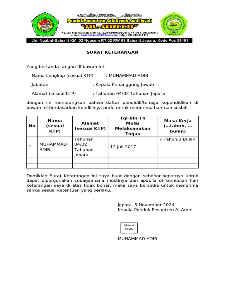Format Lampiran IV - Surat Keterangan Perlu Menerima Bansos | PDF