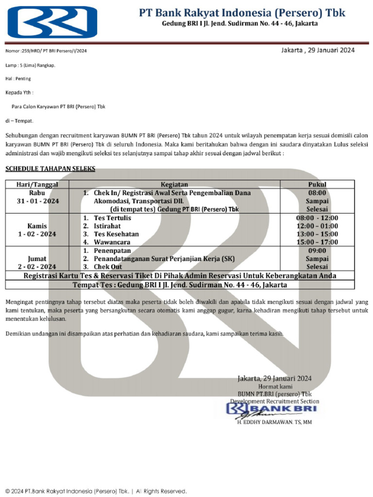 Surat Panggilan Tes Interview PT. Bank Rakyat Indonesia (Persero) Tbk ...