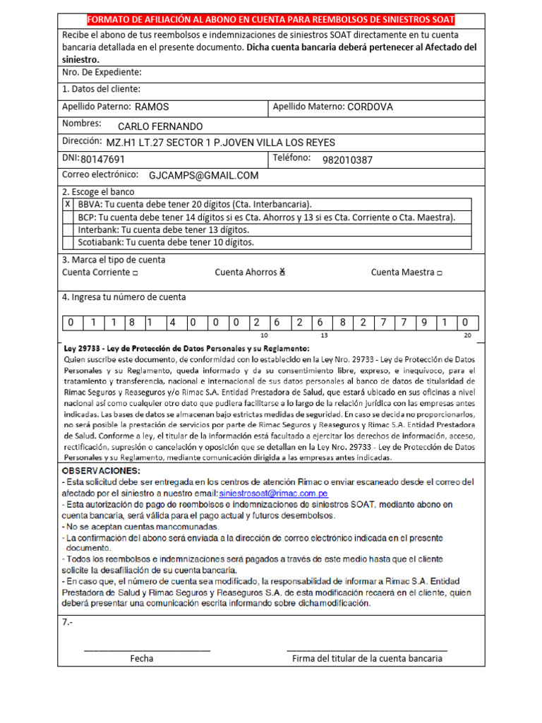Formato-De-Afiliacion DEL SEGURO RIMAC Carlo | PDF