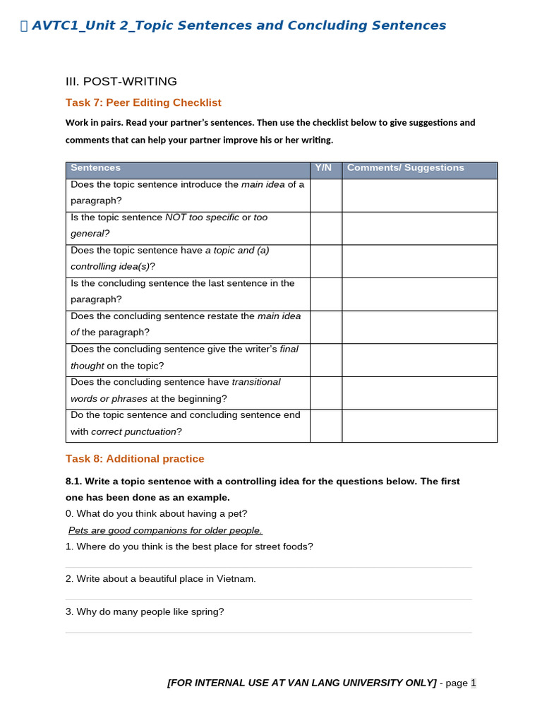 After Class - AVTC1 - Unit 2 - Topic Sentences and Concluding Sentences | PDF | Linguistics