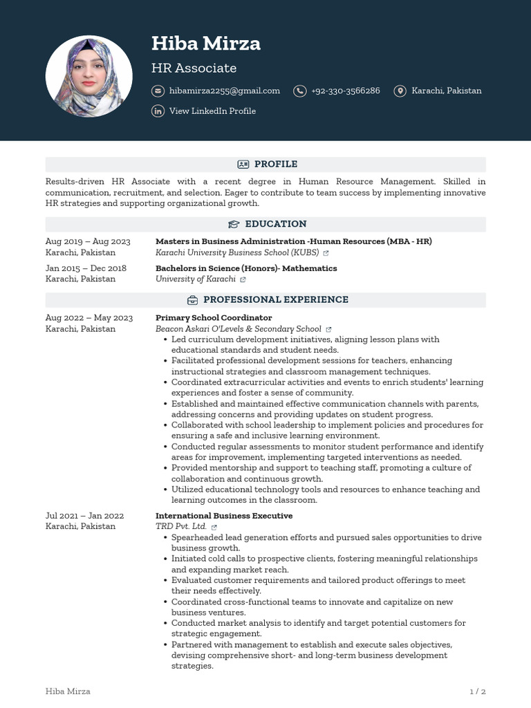 CV (HR) - Hiba Mirza | PDF | Business | Learning