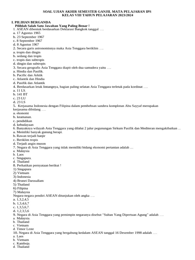 SOAL UJIAN AKHIR SEMESTER GANJIL MATA PELAJARAN IPS Kelas VIII | PDF