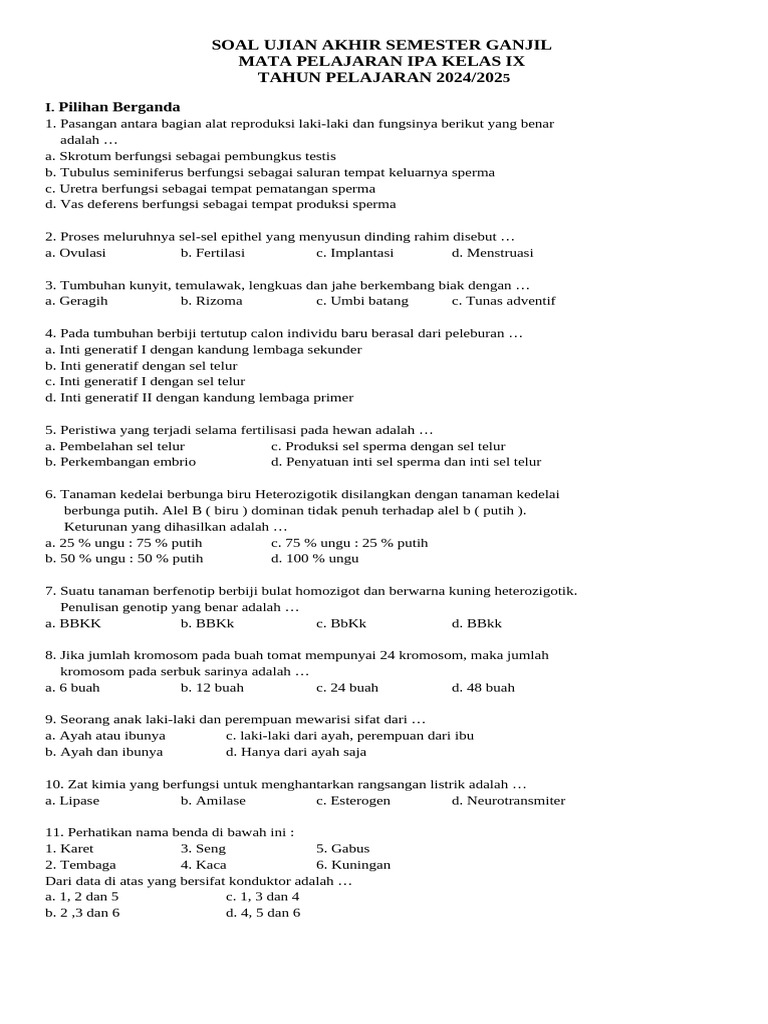 Soal Ujian Akhir Semester Ganjil Mata Pelajaran Ipa Kelas 9 Tahun Pelajaran 2024 2025 | PDF ...