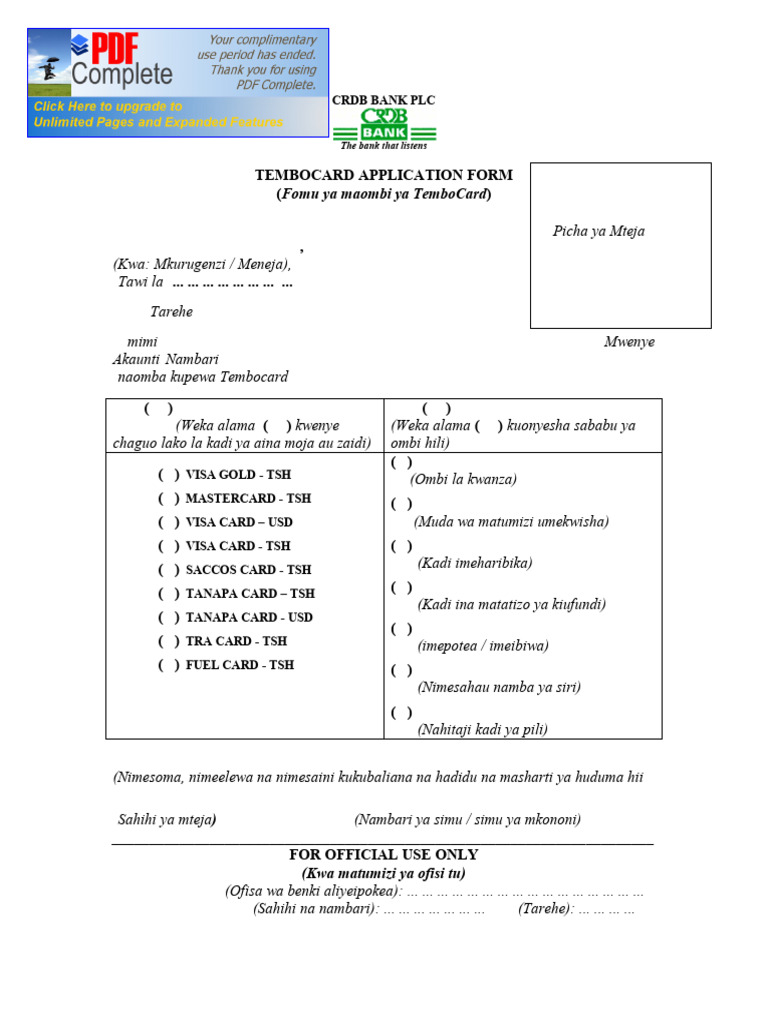Tembo Card Application Form | PDF | Banking Technology | Payments